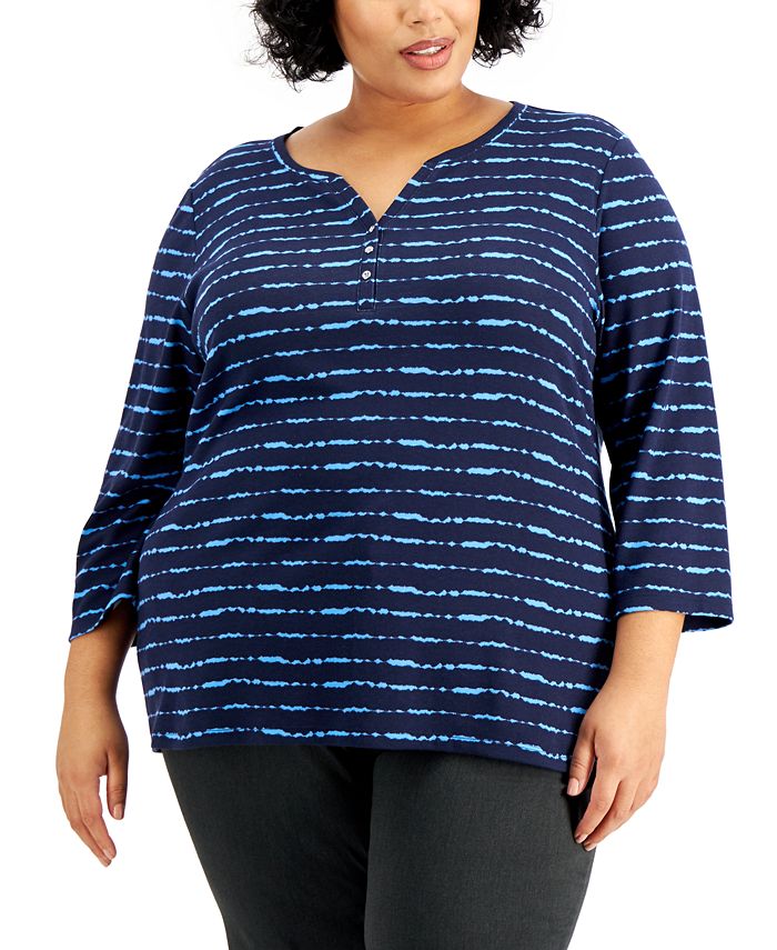 Karen Scott Plus Size Steph Striped Henley Top, Created for Macy's - Macy's