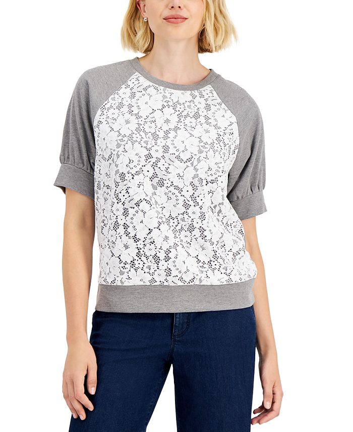 Charter Club Petite Lace-Front Top, Created for Macy's - Macy's