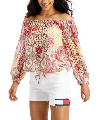 Tommy Hilfiger Patchwork-Print Off-The-Shoulder Top - Macy's