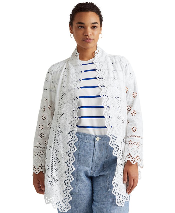 Lauren Ralph Lauren Plus Size Embroidered Open-Front Top - Macy's
