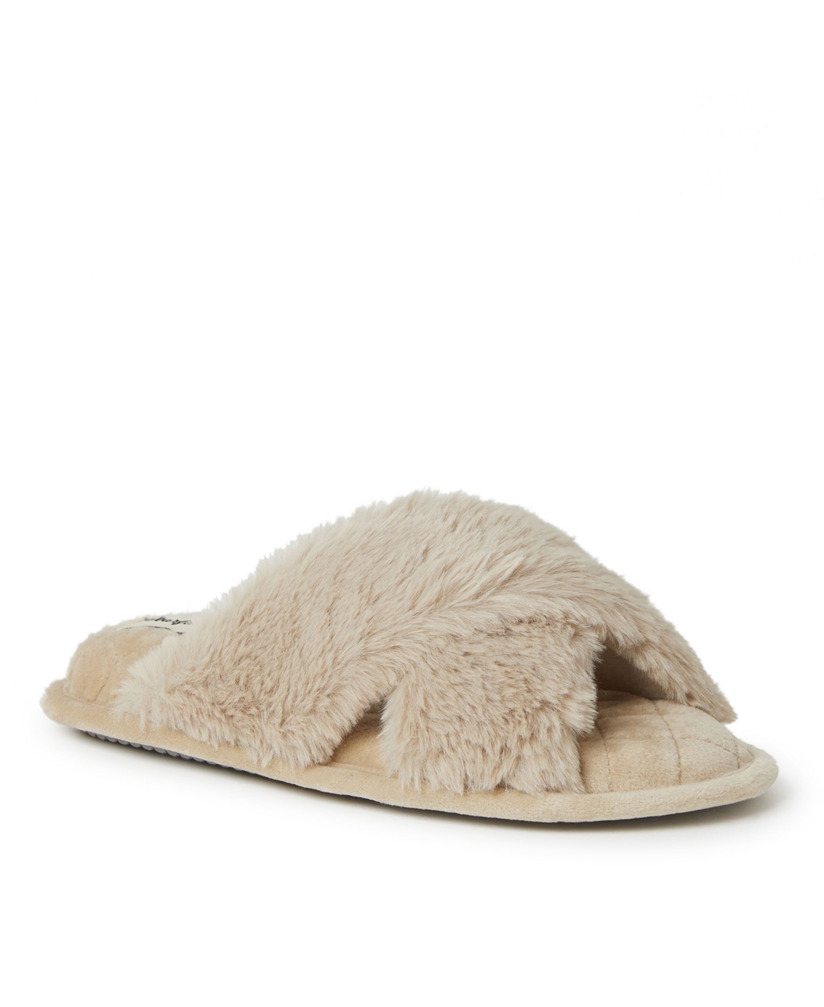 Click here for Dearfoams Womens Jessica Furry Cross Band Slide Sl... prices
