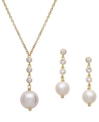2-Pc. Set Cultured Freshwater Pearl (6 & 10mm) & Cubic Zirconia Bezel ...
