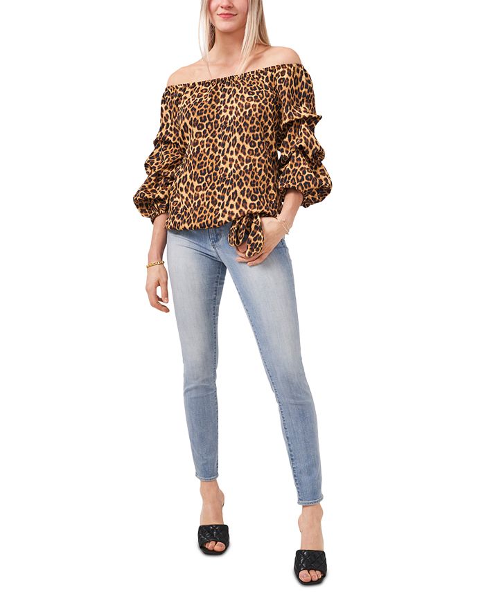 Vince Camuto Leopard Print Off The Shoulder Tie Front Balloon Sleeve