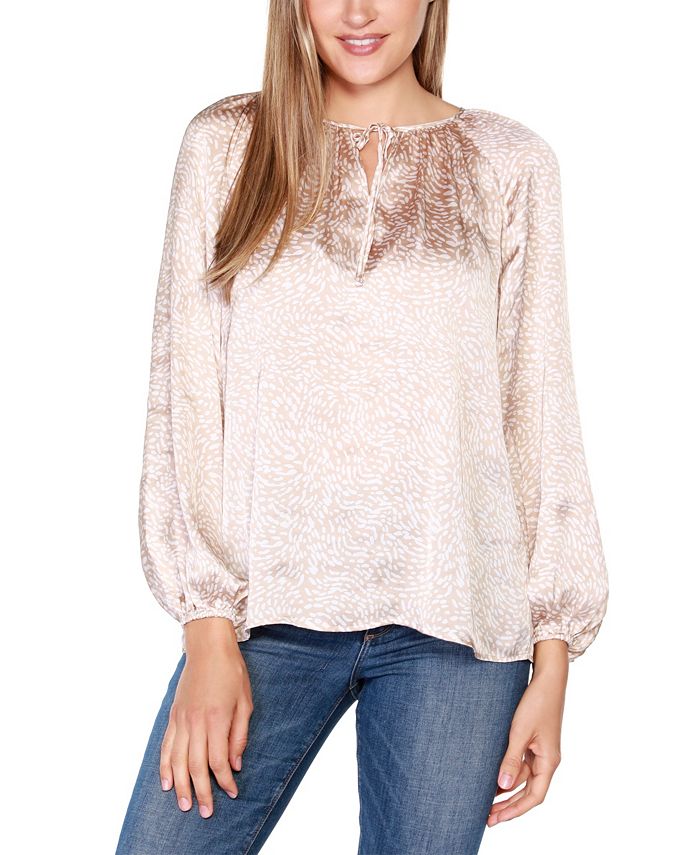 Belldini Black Label Petite Printed Tie-Neck Top with Blouson Sleeves ...