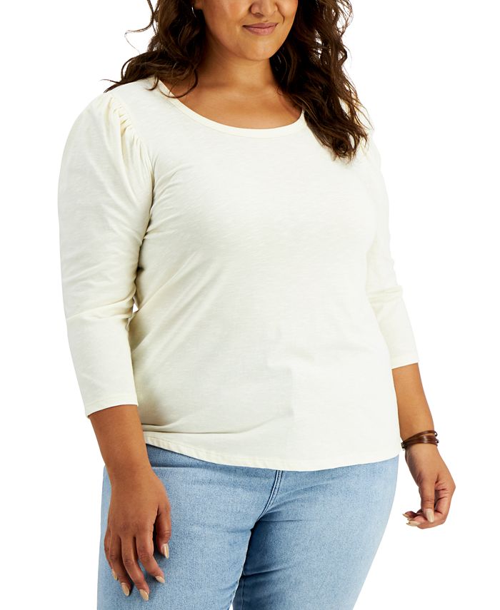 Style & Co Plus Size Cotton Puff-Shoulder Top, Created for Macy's - Macy's