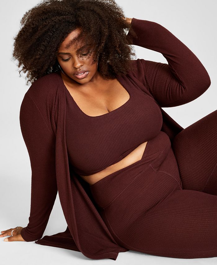 Nina Parker Plus Size Hacci Ribbed Duster, Bralette, and Leggings - Macy's