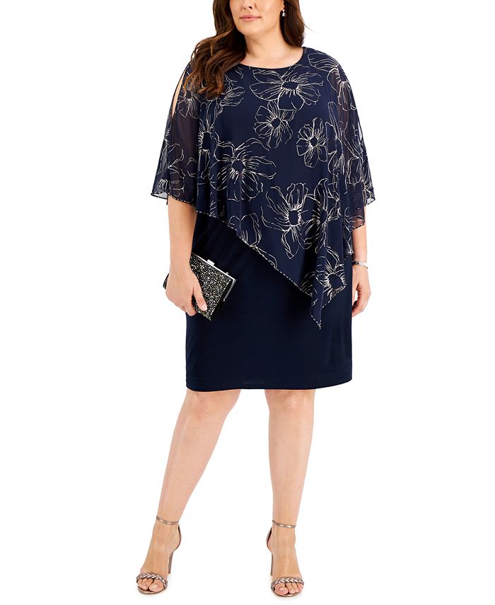SL Fashions Plus Size Asymmetrical-Overlay Foiled Dress - Macy's