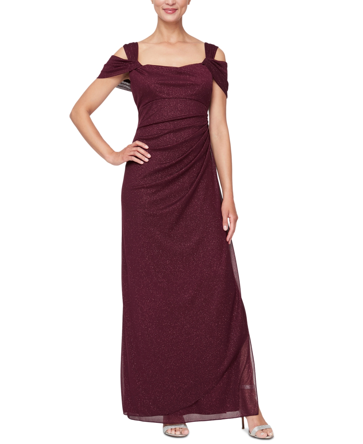 Click here for Alex Evenings Petite Cold-Shoulder Draped Metallic... prices