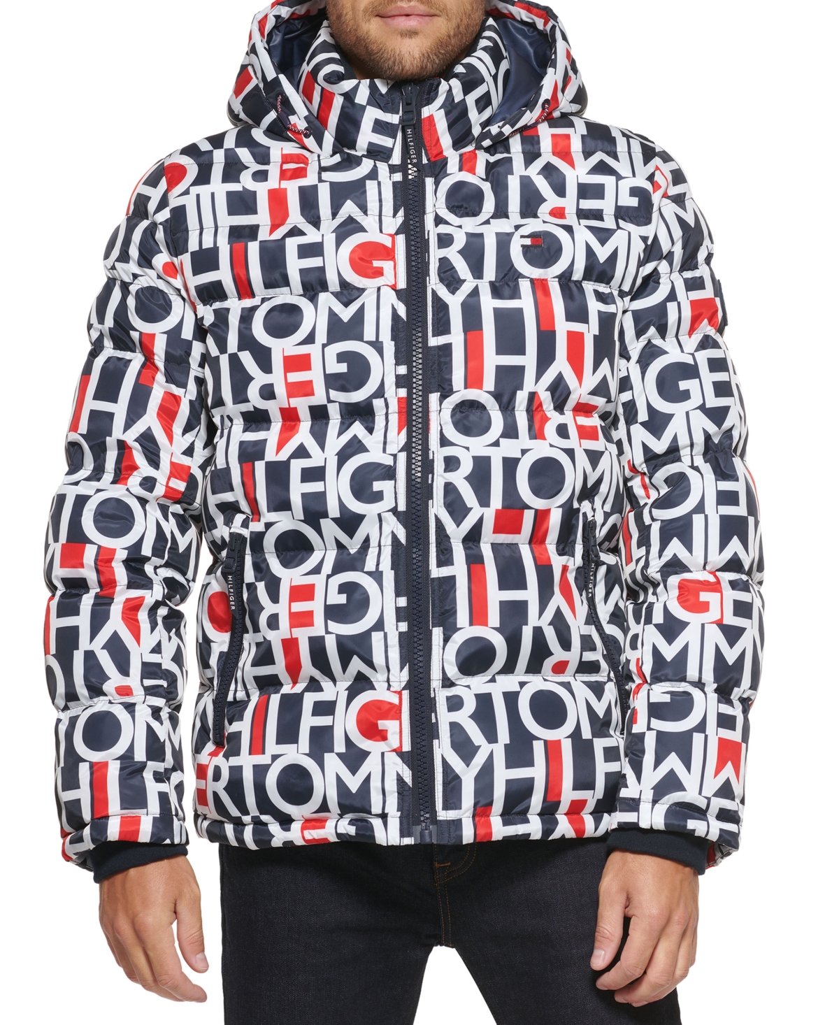 Tommy Hilfiger Mens Quilted Puffer Jacket  Created for Macys - Navy/Red/White Logo