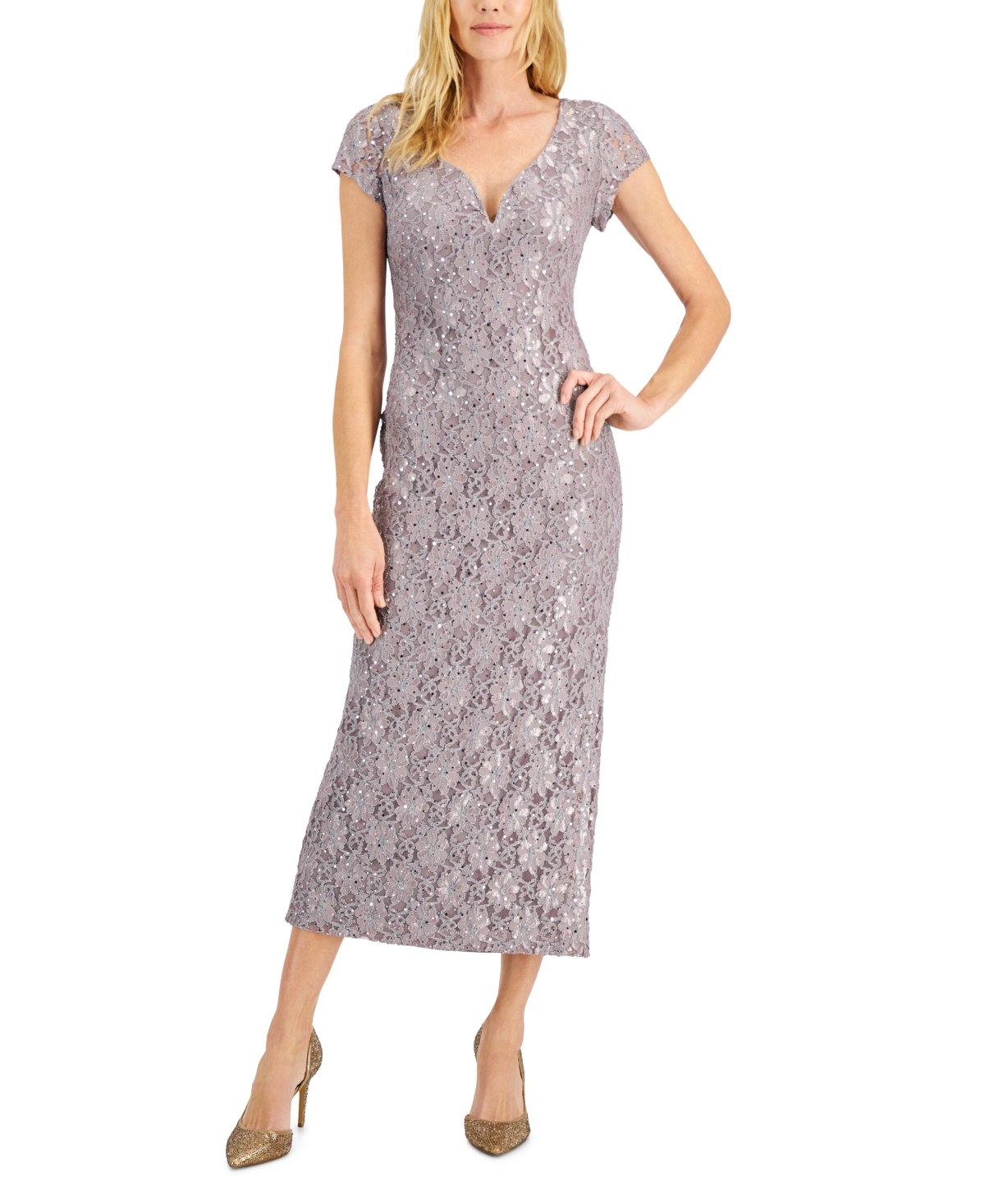 Connected Petite Sequined Lace Column Gown In Dusty Taupe | ModeSens