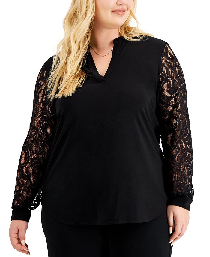 Kasper Plus Size Lace-Sleeve Split-Neck Top - Macy's