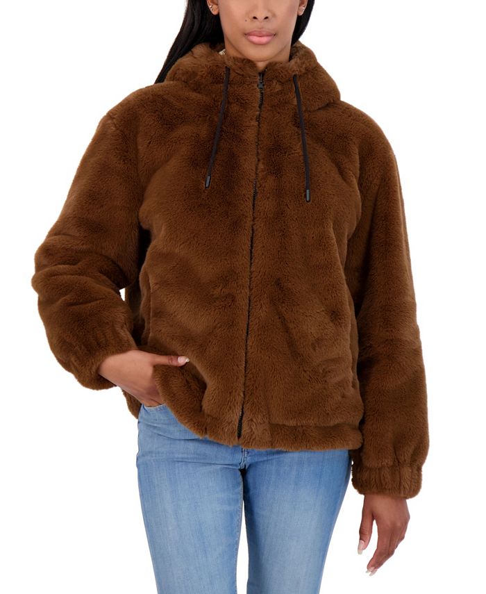 Sebby Juniors' Juniors' Reversible Faux Fur Hooded Bomber Jacket - Macy's