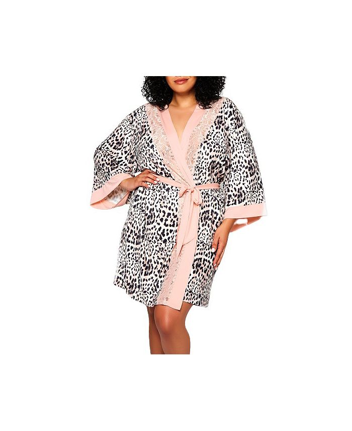 iCollection Plus Size Katie Soft Printed Robe with Lace Trims - Macy's