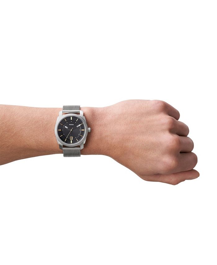Fossil Men's Machine Silver-Tone Stainless Steel Mesh Bracelet Watch ...