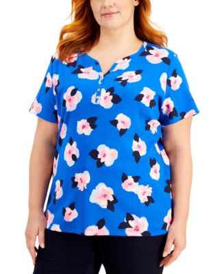 Karen Scott Plus Size Anya Floral Henley Top, Created for Macy's - Macy's