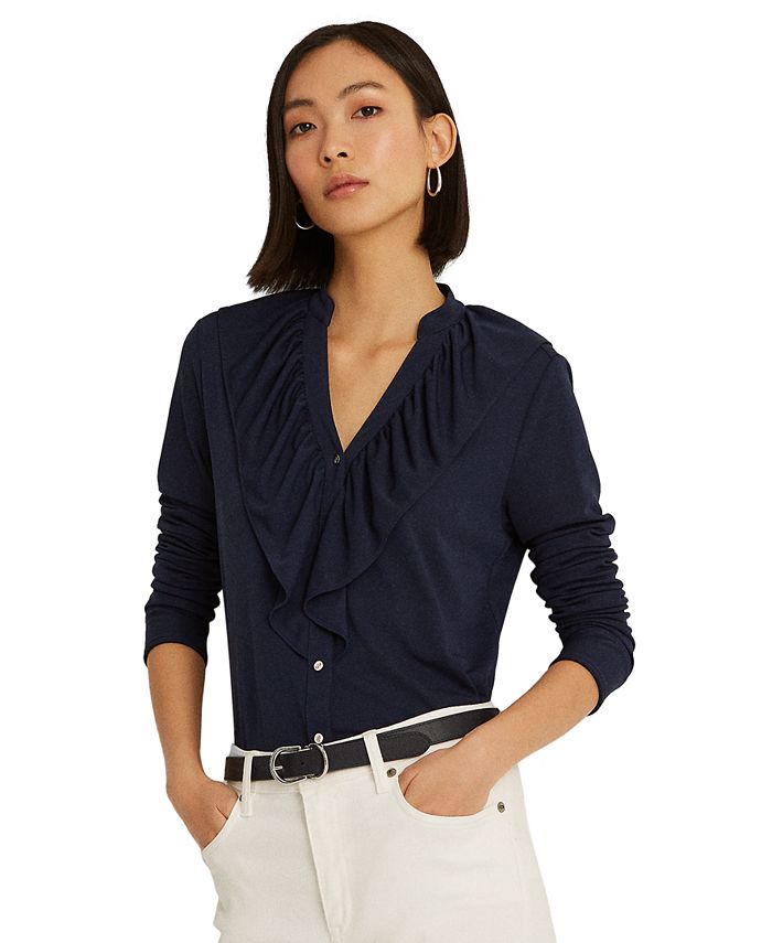 Lauren Ralph Lauren Ruffle-Trim Stretch Jersey Shirt - Macy's