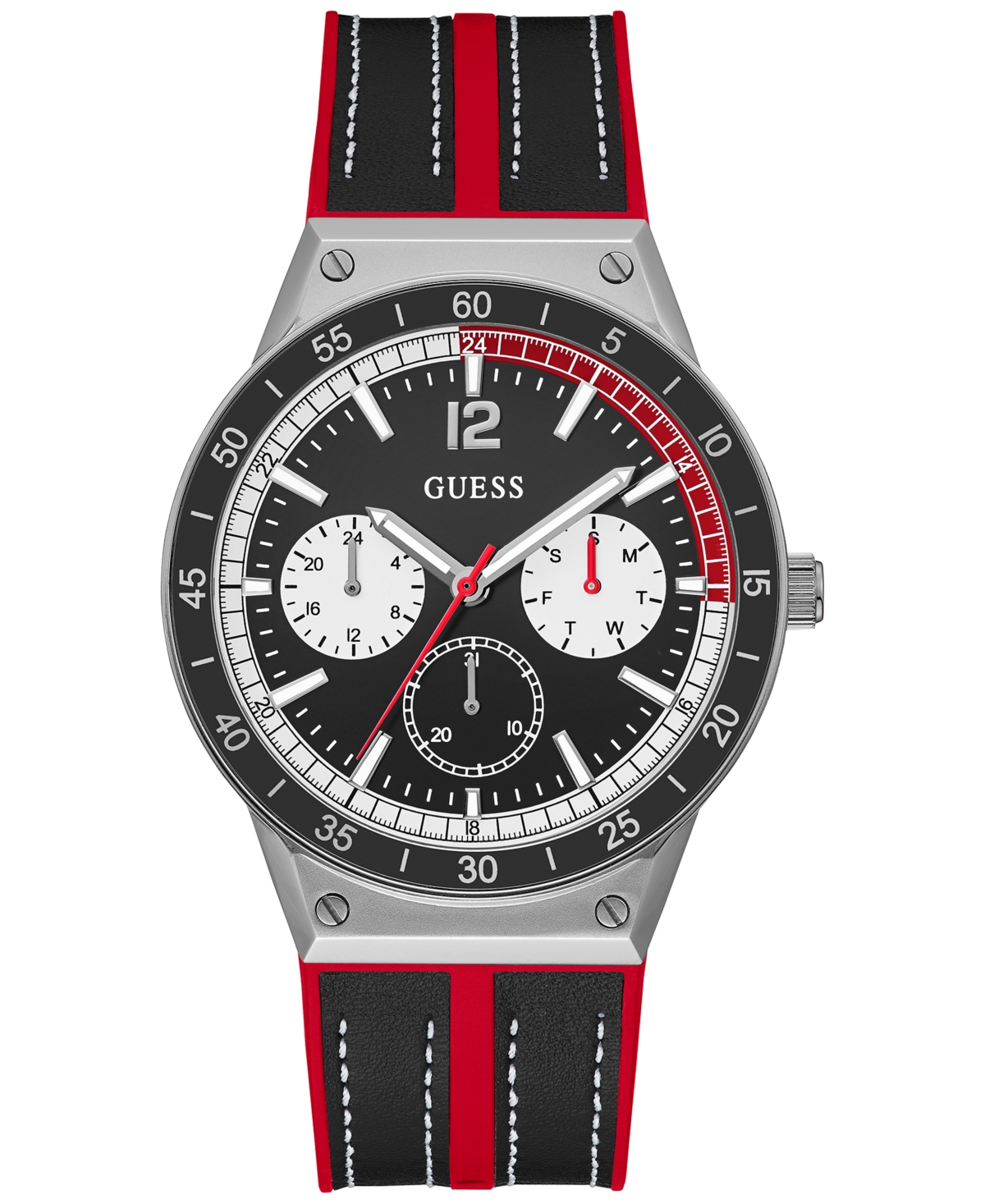 Guess Men's Red Silicone & Black Leather Strap Watch 44mm | ModeSens