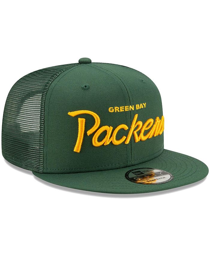New Era Men's Green Green Bay Packers Script Trucker 9FIFTY Snapback ...