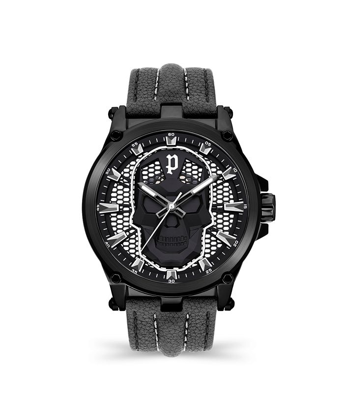 Police Men's Signature Skull Black Leather Strap Watch 47mm - Macy's