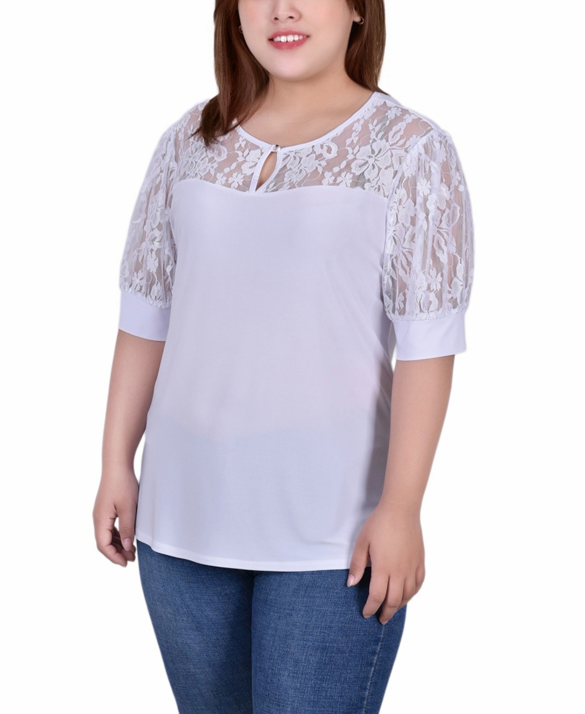 Plus Size Short Puff Sleeve Top with Lace Sleeves and Yoke - White