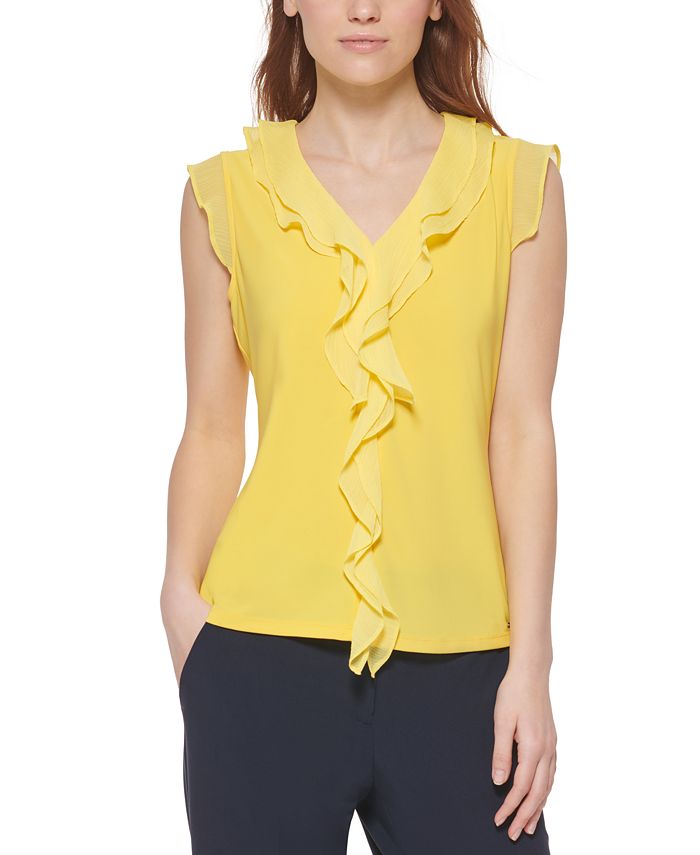 Tommy Hilfiger Women's Mixed-Media Ruffled-Front Top - Macy's