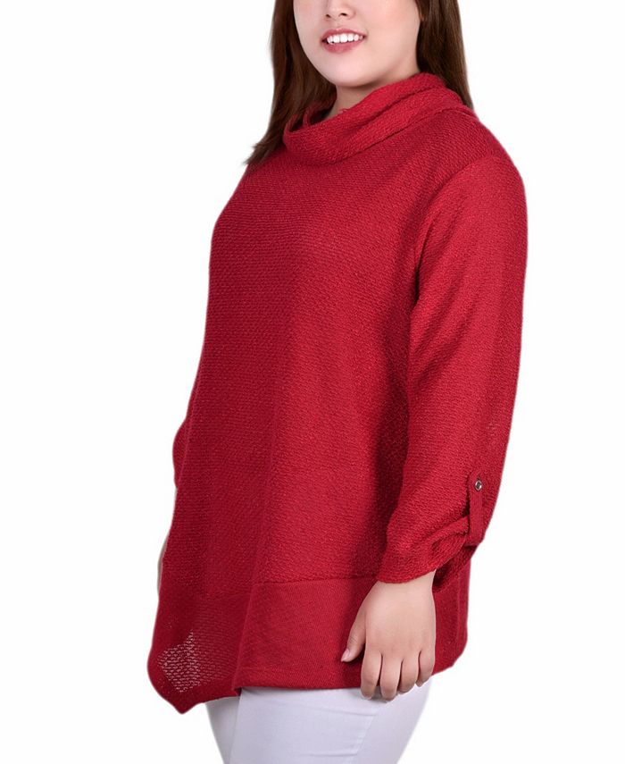 NY Collection Plus Size Long Roll Tab Sleeve Nubby Cowl Neck Top ...