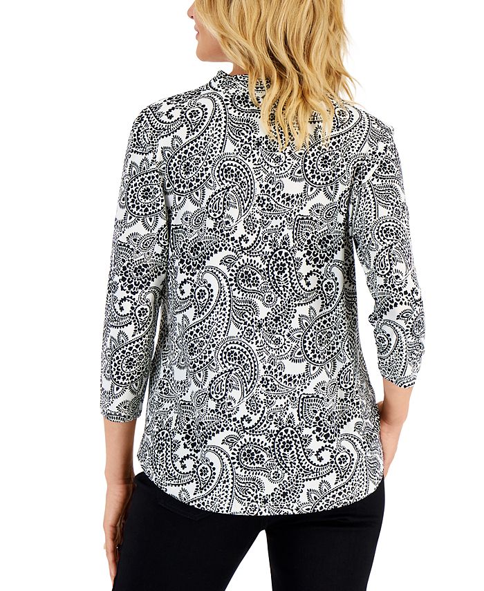 Charter Club Petite Pleated-Neck 3/4-Sleeve Printed ITY Top, Created ...