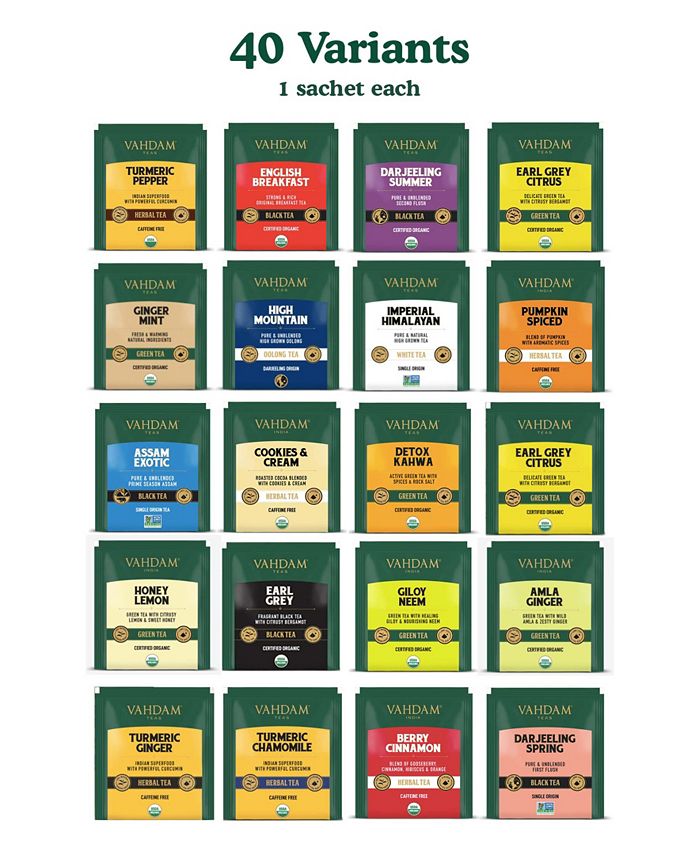 Vahdam Teas Assorted Tea Bags Variety Set Sampler Gift Set, 40 Long ...
