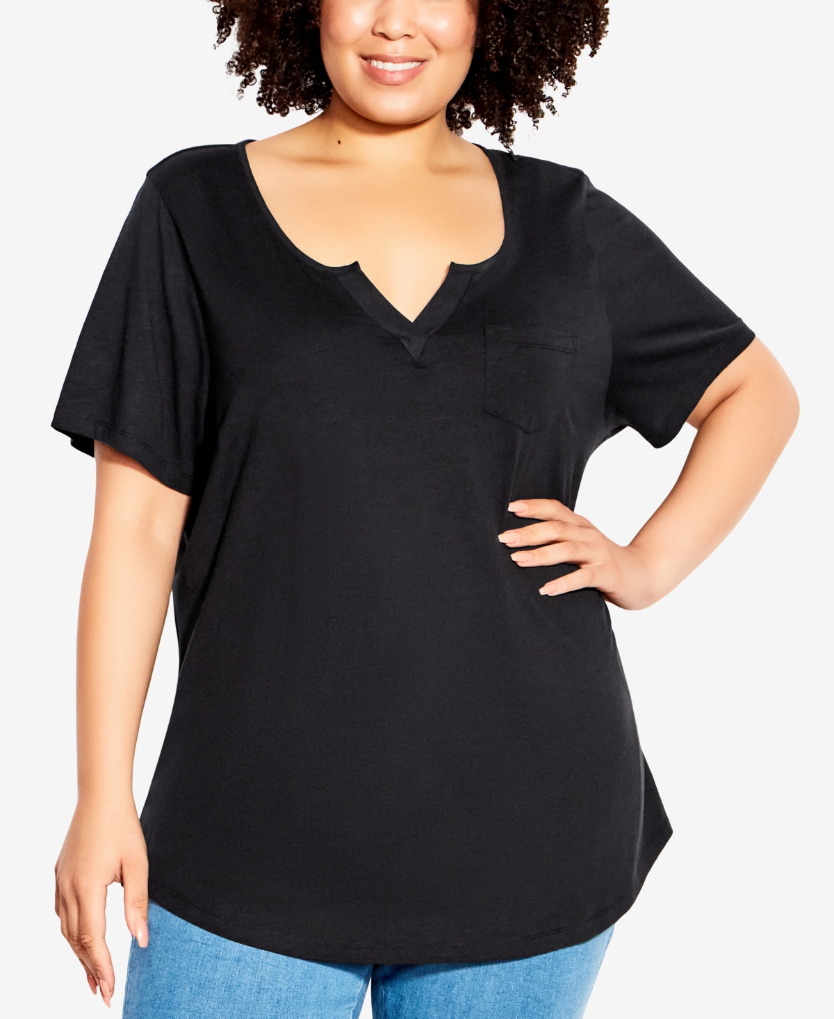 Avenue Plus Size Split Neck Top In Black | ModeSens