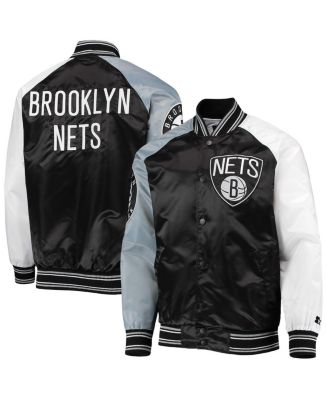 Men's Starter Black, Gray Brooklyn Nets Reliever Varsity Satin Raglan ...