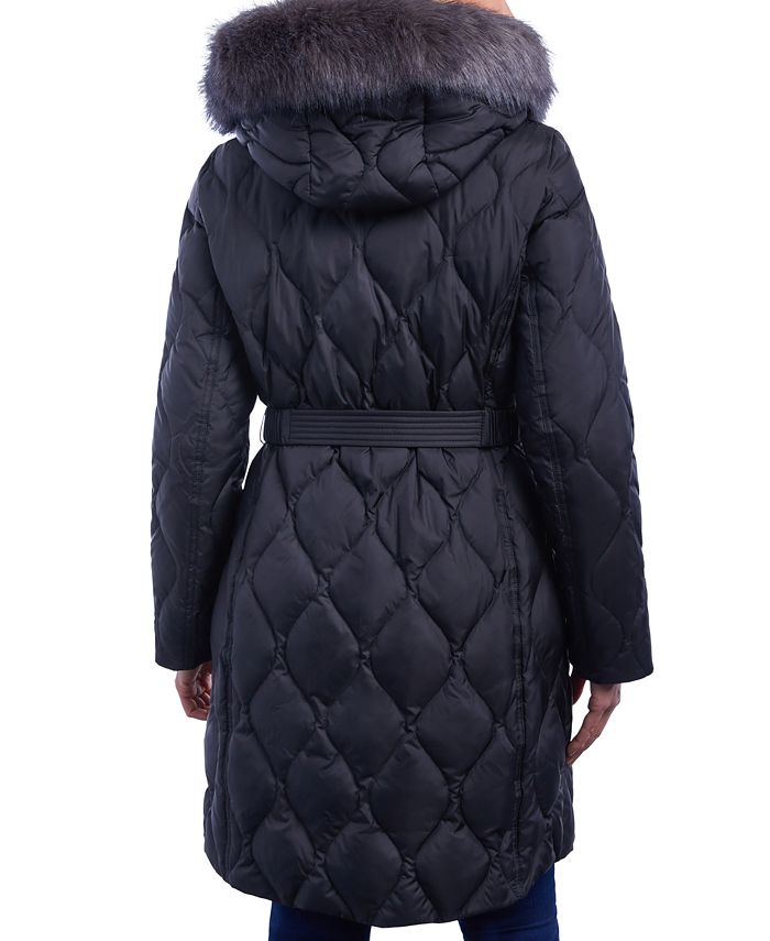 Michael Kors Women's Belted Faux-Fur-Trimmed Hooded Puffer Coat - Macy's