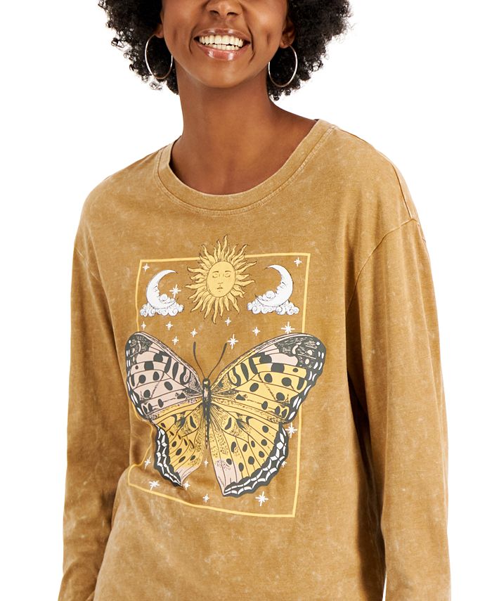 Rebellious One Juniors' Butterfly Celestial Long-Sleeve Graphic T-Shirt ...