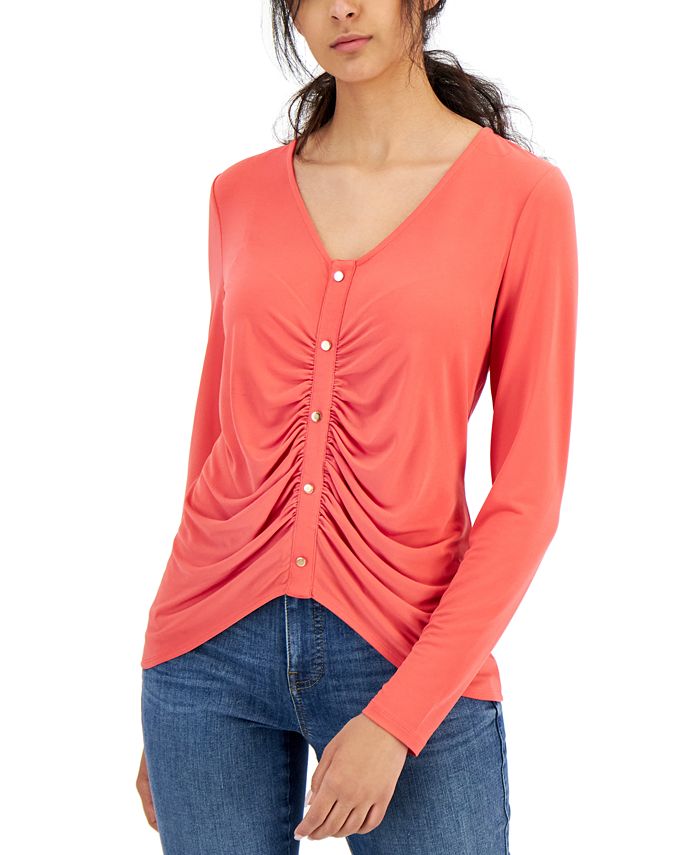 INC International Concepts Women's Ruched Button Detail Long-Sleeve Top ...