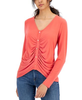 INC International Concepts Women's Ruched Button Detail Long-Sleeve Top ...