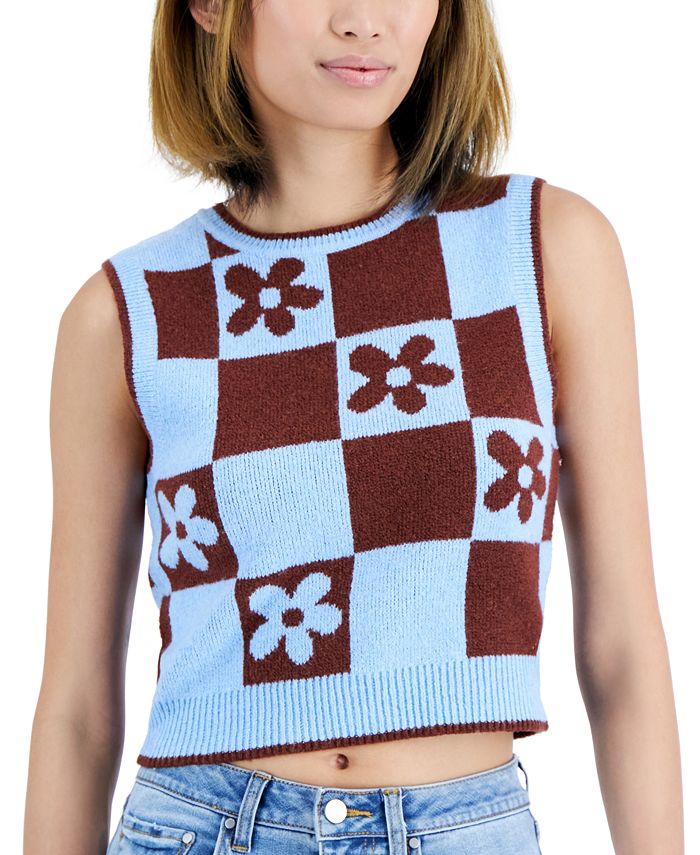 Sugar Moon Juniors' Checkered Flower Sweater Vest - Macy's