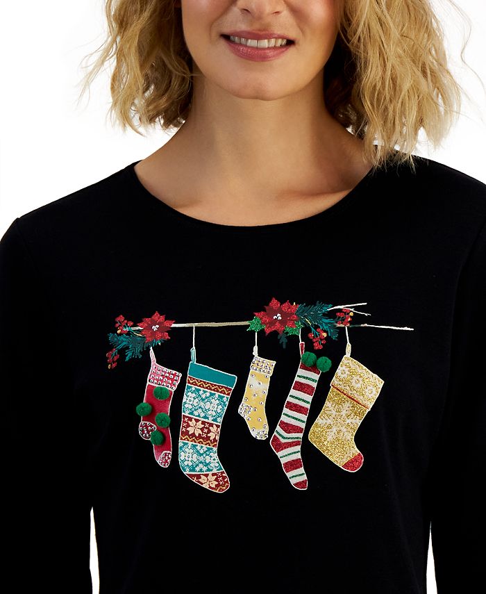 Karen Scott Petite Embellished Stocking-Graphic T-Shirt, Created for ...