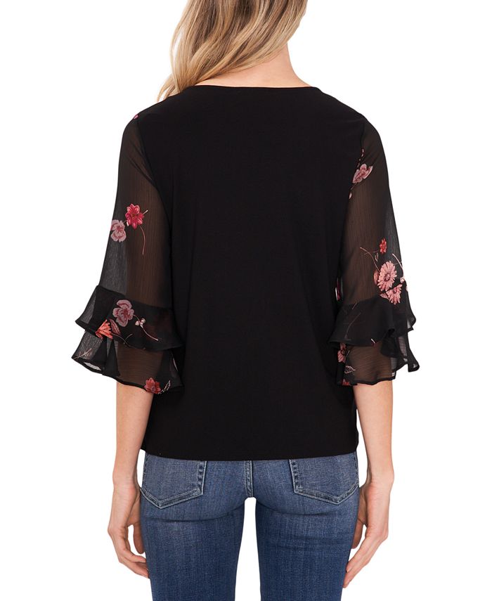 Cece Womens Mixed Media Ruffle Sleeve Top And Reviews Tops Women