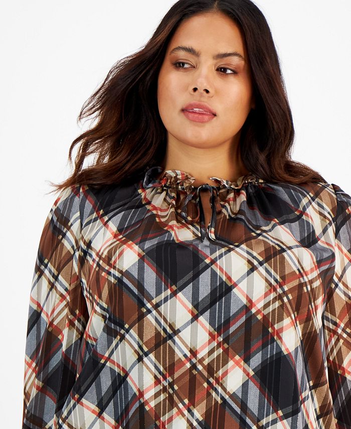 Bar III Plus Size Plaid Long Sleeve Ruffled Tie-Neck Blouse, Created ...