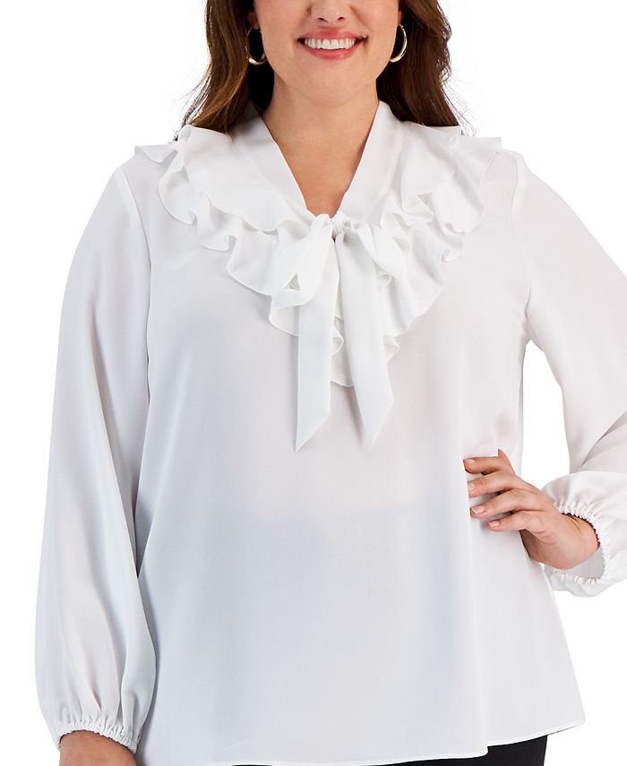 Kasper Plus Size Ruffled Tie-Neck Blouse & Reviews - Tops - Women - Macy's