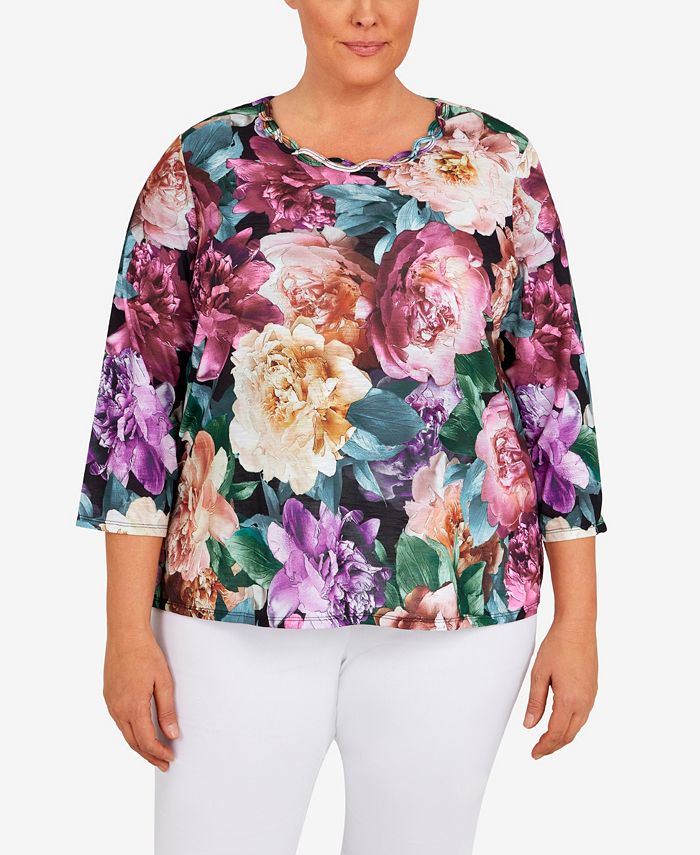 Alfred Dunner Plus Size Classics Realistic Flowers Knit Top - Macy's