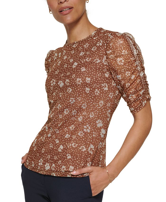DKNY Petite Printed Ruched Sleeve Top - Macy's