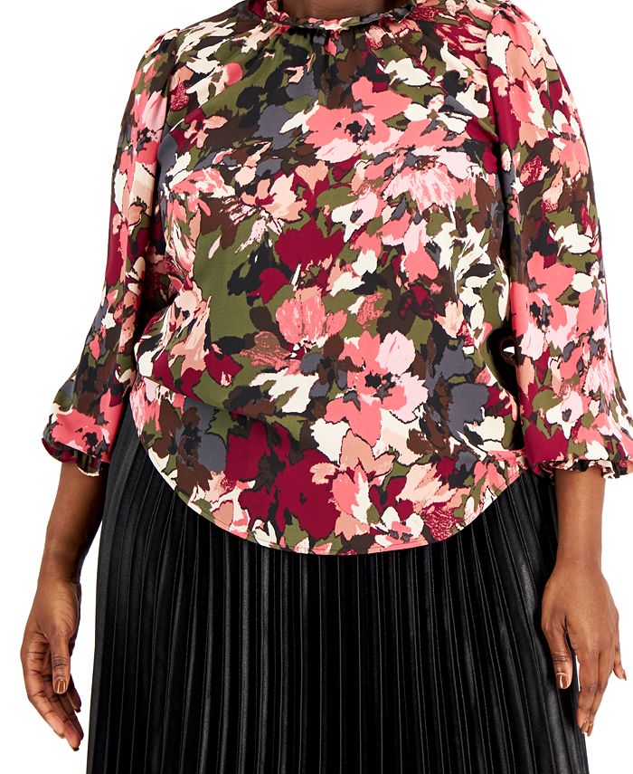 Anne Klein Plus Size Printed 3 4 Sleeve Ruffle Neck Blouse And Reviews