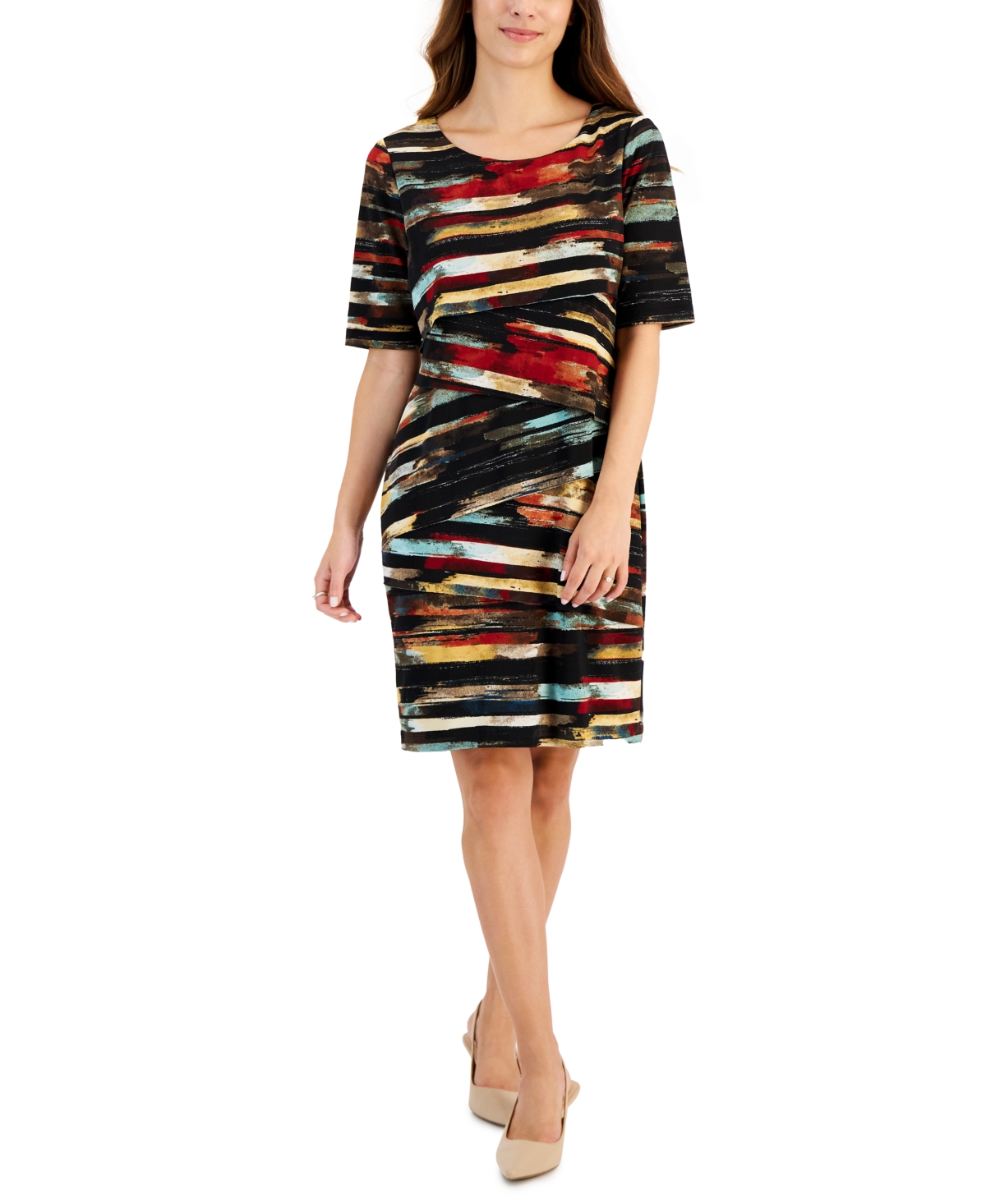Click here for Connected Petite Zig-Zag-Print Dress - Rust prices