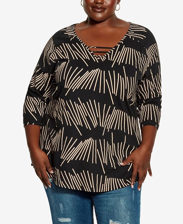 Avenue Plus Size 3 Bar 3/4 Sleeve Print Tee & Reviews - Tops - Plus ...