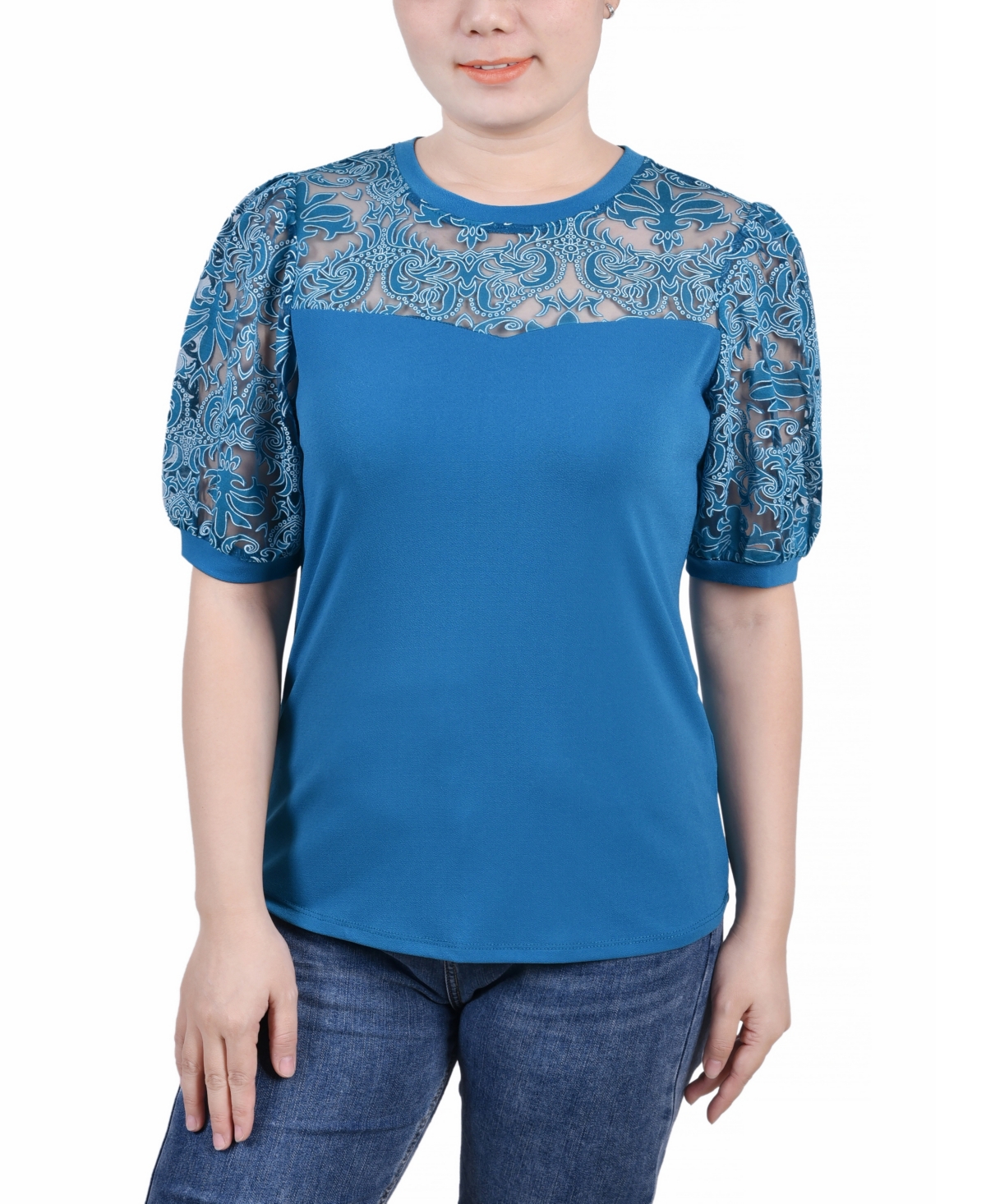 Click here for Petite Size Puff Lace-Sleeve Top - Teal prices