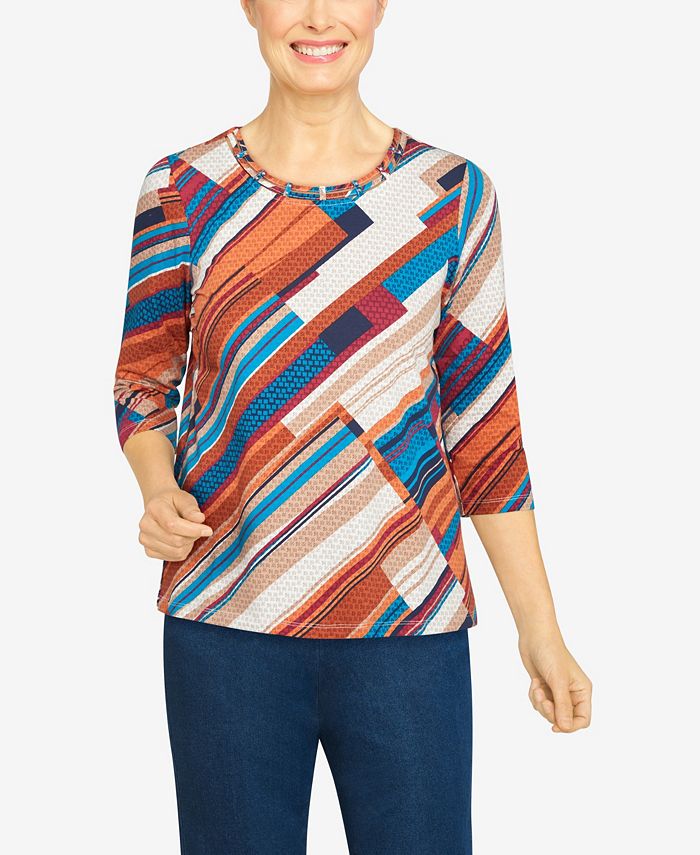Alfred Dunner Women's Key Items Colorful Diagonal Stripe Print Top - Macy's
