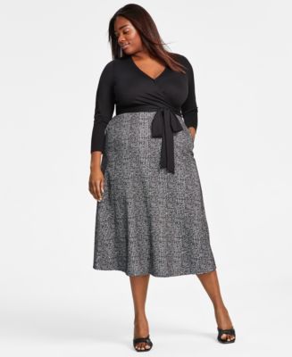 Anne Klein Plus Size Serenity Combo Tie-Waist Midi Dress - Macy's