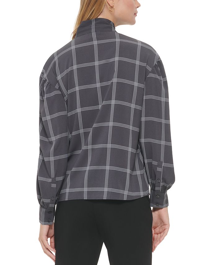 Calvin Klein Petite Windowpane Tie-Neck Blouse - Macy's