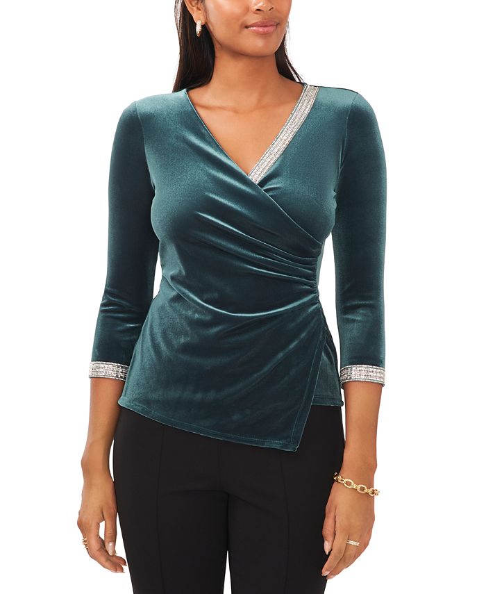 MSK Petite Rhinestone-Trim Velvet Top - Macy's