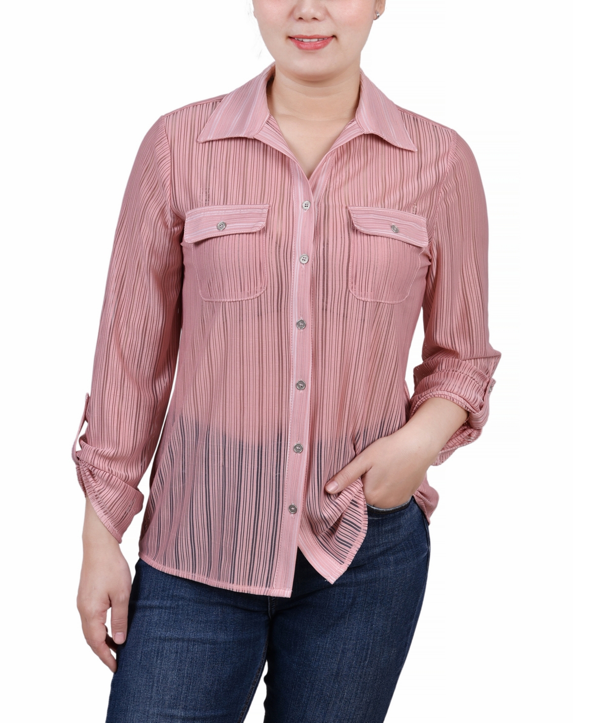 Click here for Ny Collection Petite Long Roll Tab Sleeve Burnout... prices